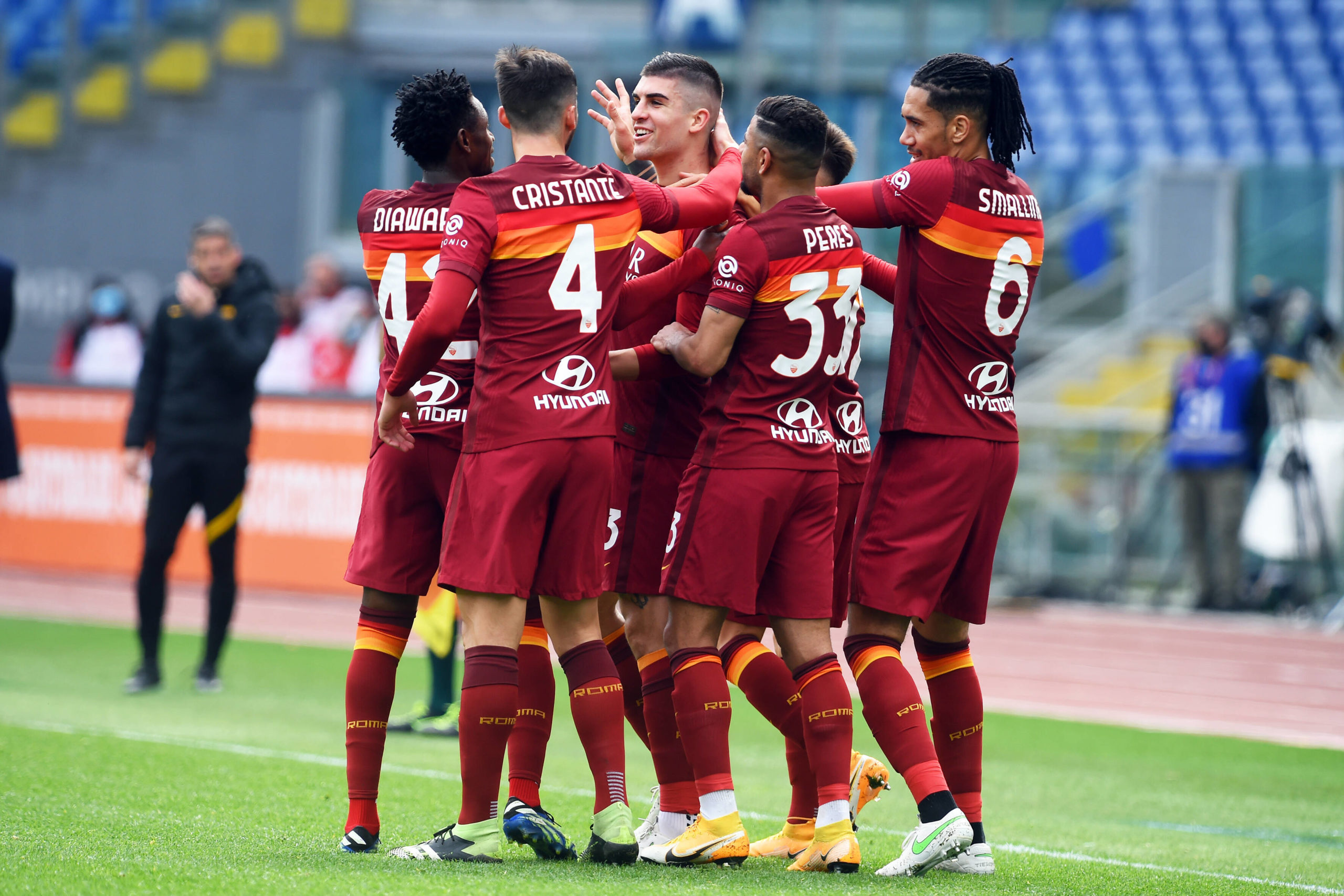 Soccer: Serie A, AS Roma vs AC Milan Gianluca Mancini of Roma celebrate ...